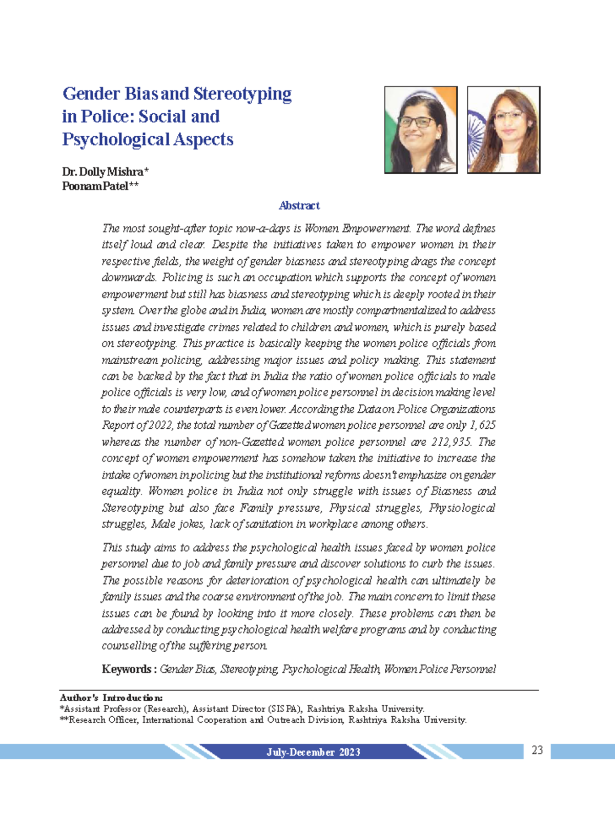 Gender Bias and Stereotyping in Policing: Social & Psychological ...