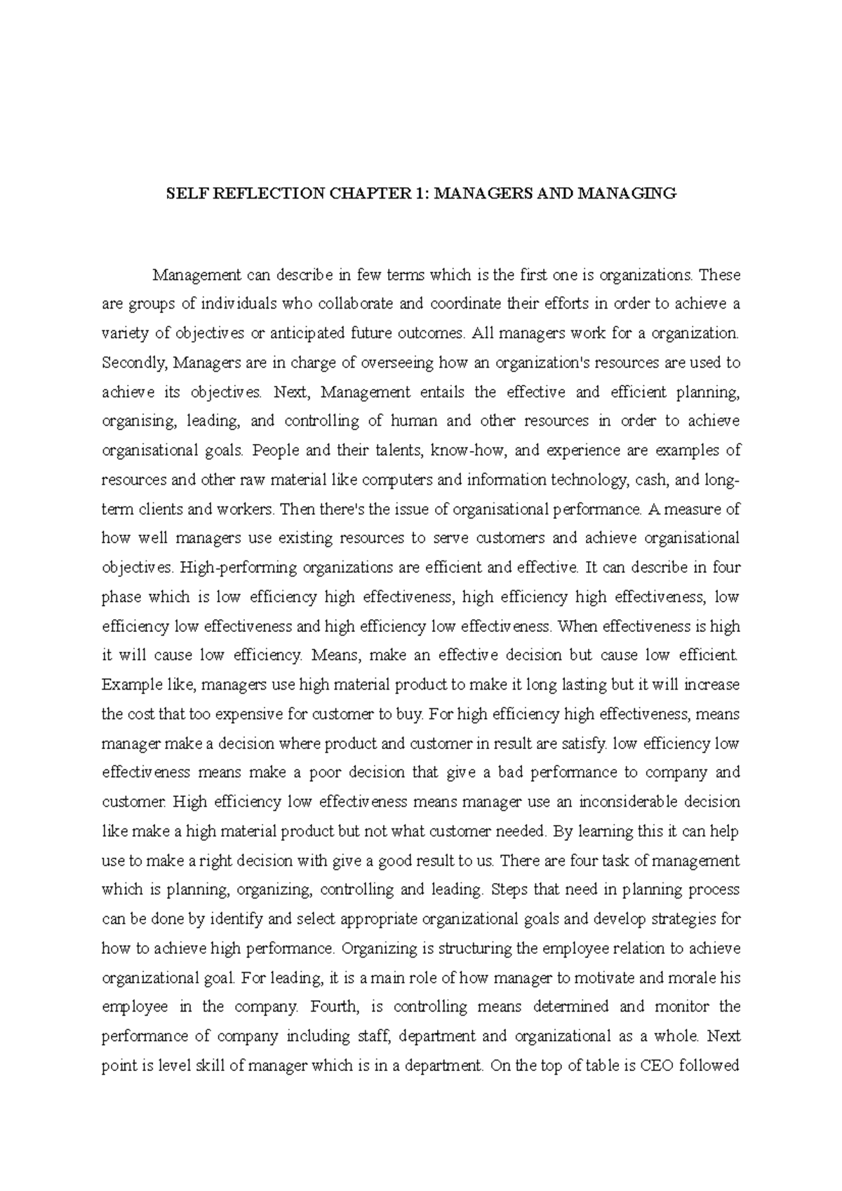 MGT420-SELF Reflection 1 - SELF REFLECTION CHAPTER 1: MANAGERS AND ...