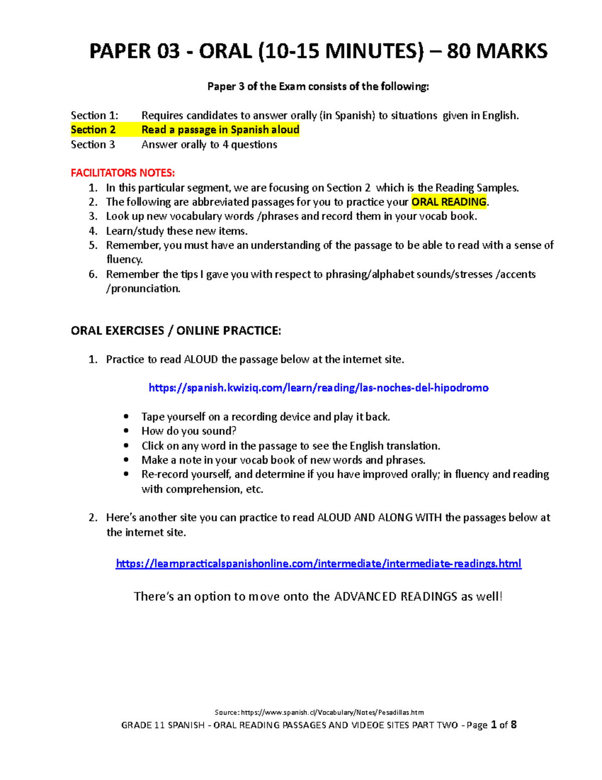 Grade 11 Spanish - ORAL Reading Passages & Practice Resources Part 2 ...