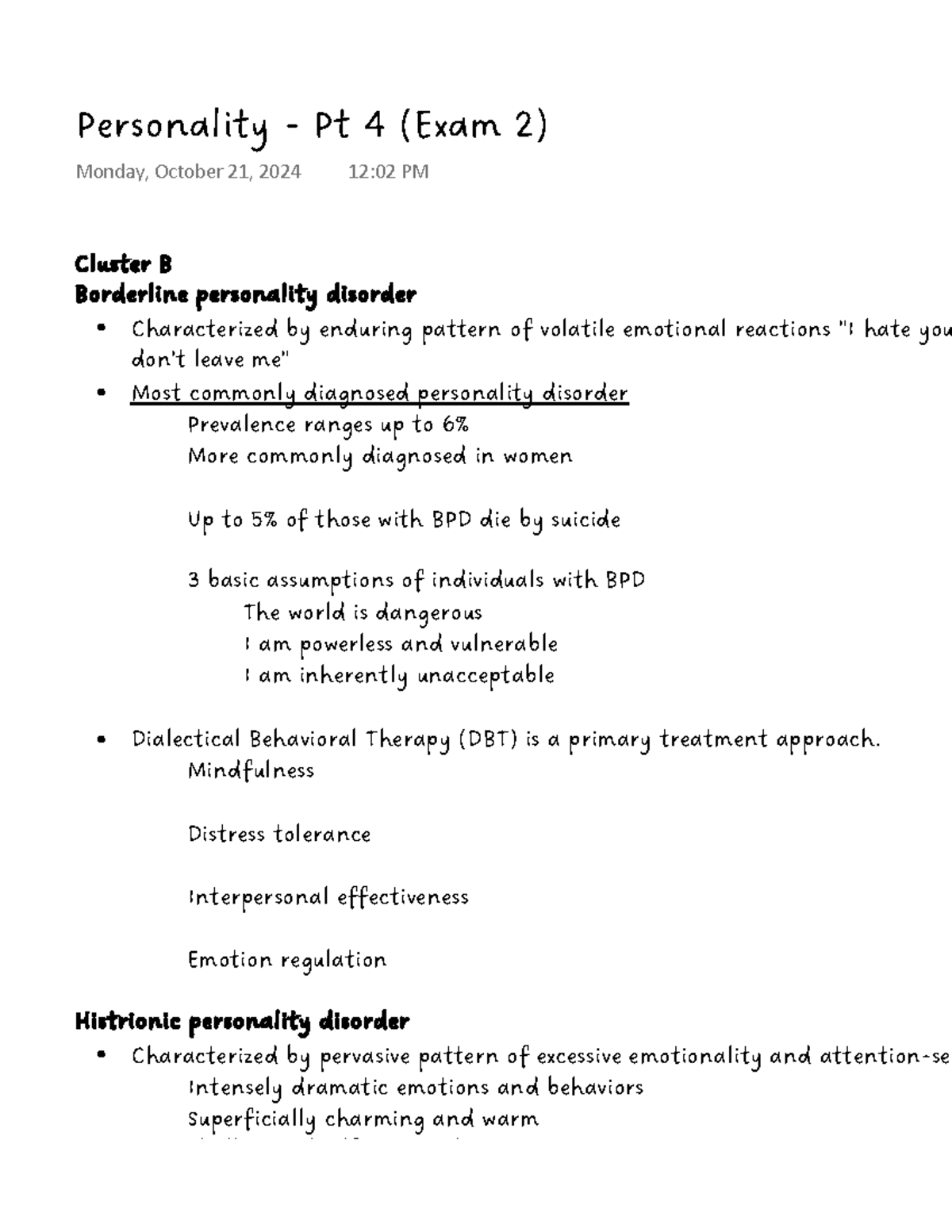 Personality Disorders Overview - Pt 4 (Exam 2) Notes - Cluster B ...