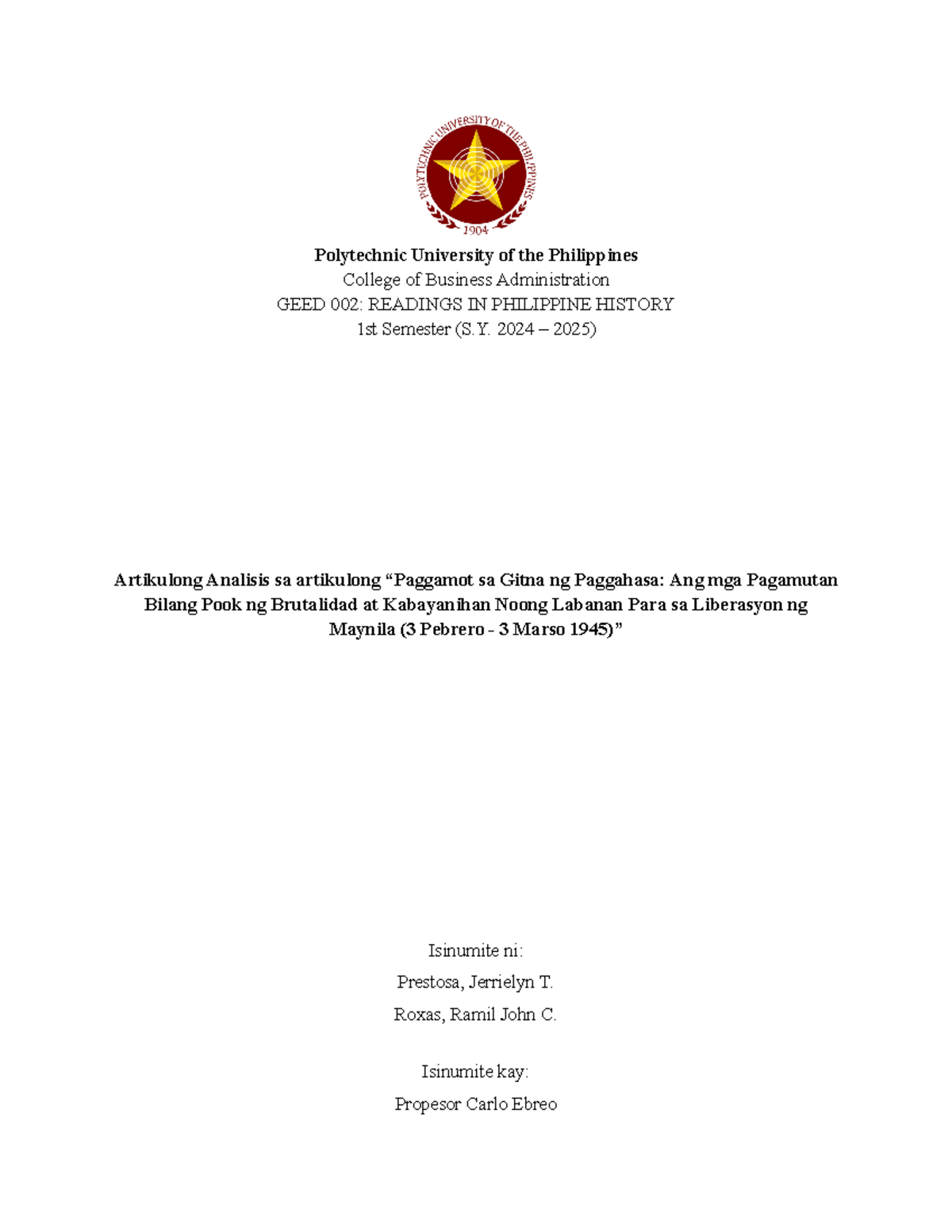 Artikulong Analisis sa artikulong “Paggamot sa Gitna ng Paggahasa: Ang ...