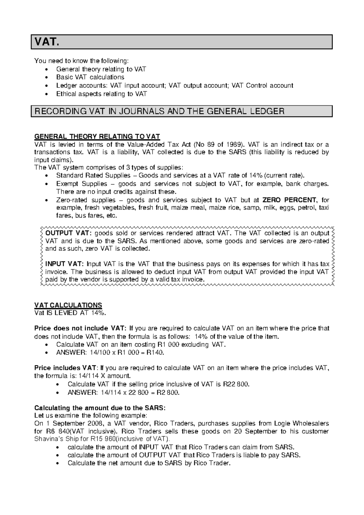 Vat notes - THIS SUMMERY FOR VAT - VAT. You need to know the following ...