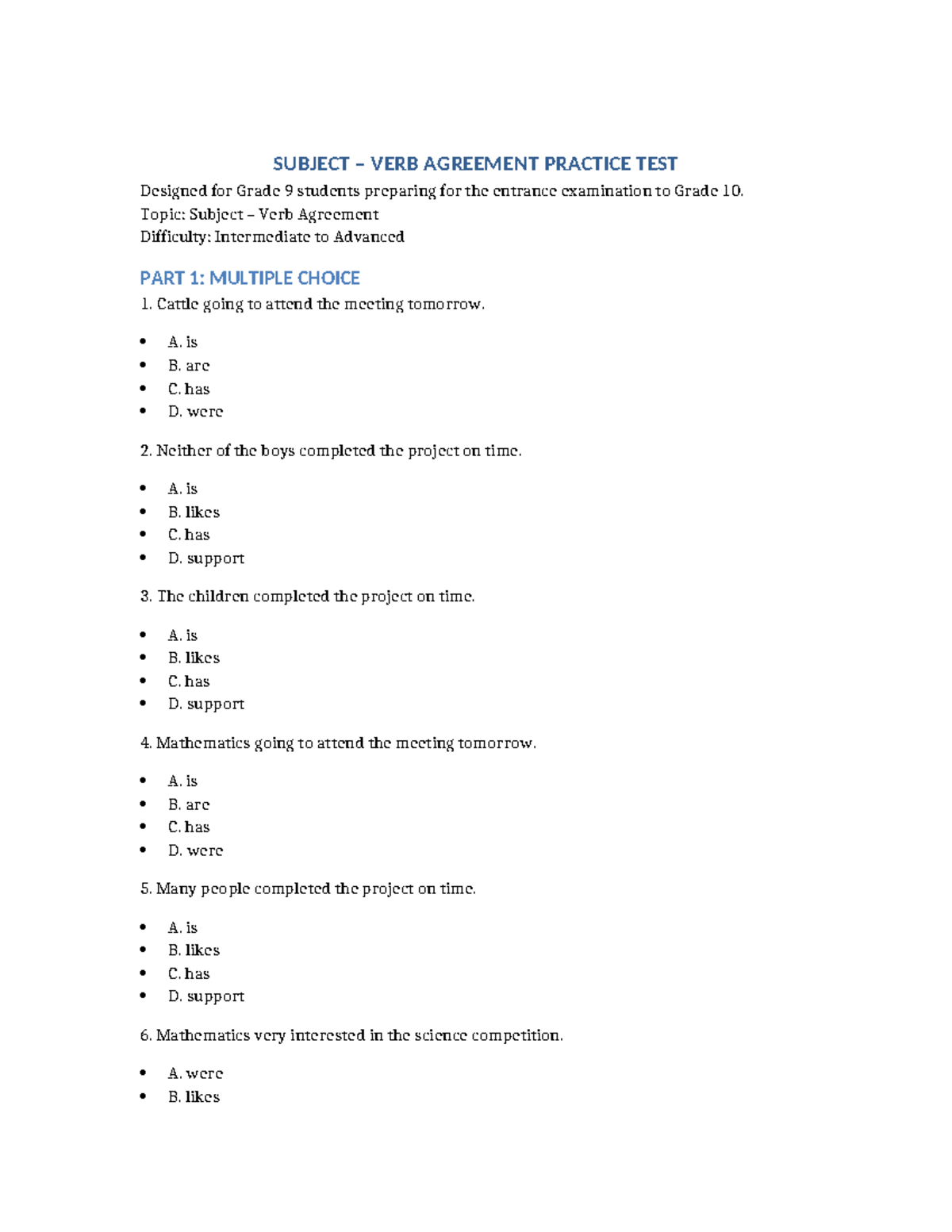 Grade 9 Subject Verb Agreement Practice Test for Entrance Exam - Studocu