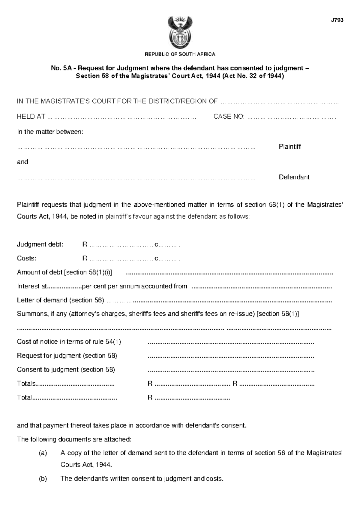 J793 - Court Request for Judgment Form (Section 58) - Studocu
