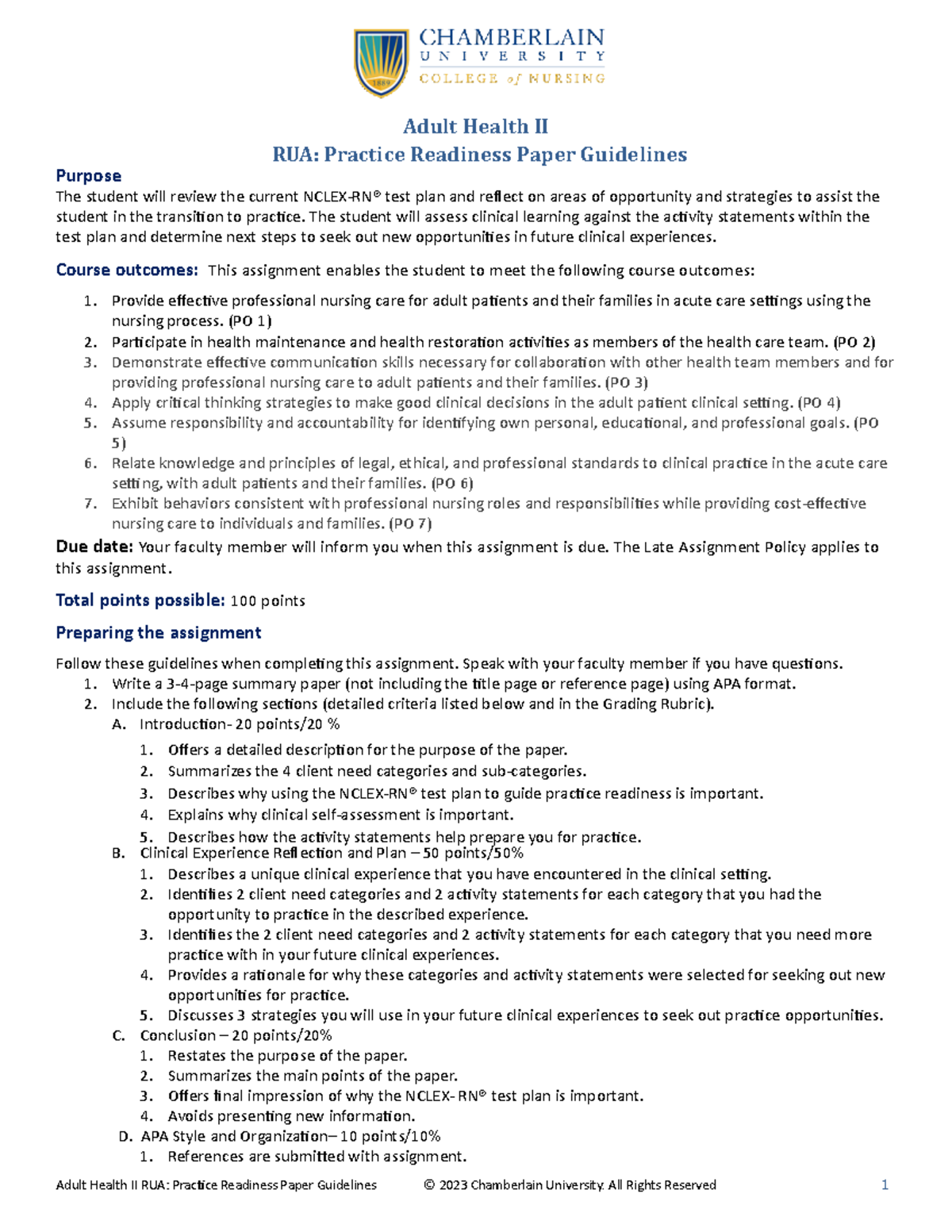 Adult Health II RUA: Practice Readiness Paper Guidelines - Studocu