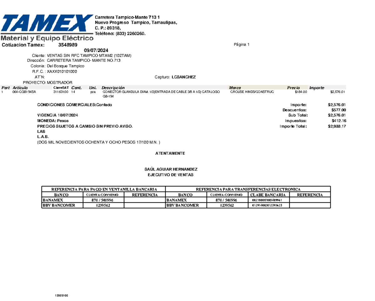 Cotizacion Tamex 3548989 - Carretera Tampico-Mante 713 1 Nuevo Progreso Tampico, Tamaulipas, C ...