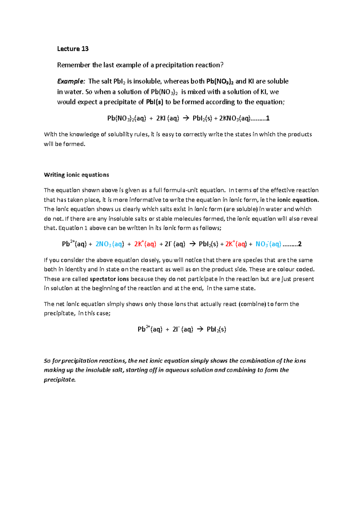 Lecture 13 - Precipitation Reactions and Ionic Equations - Studocu
