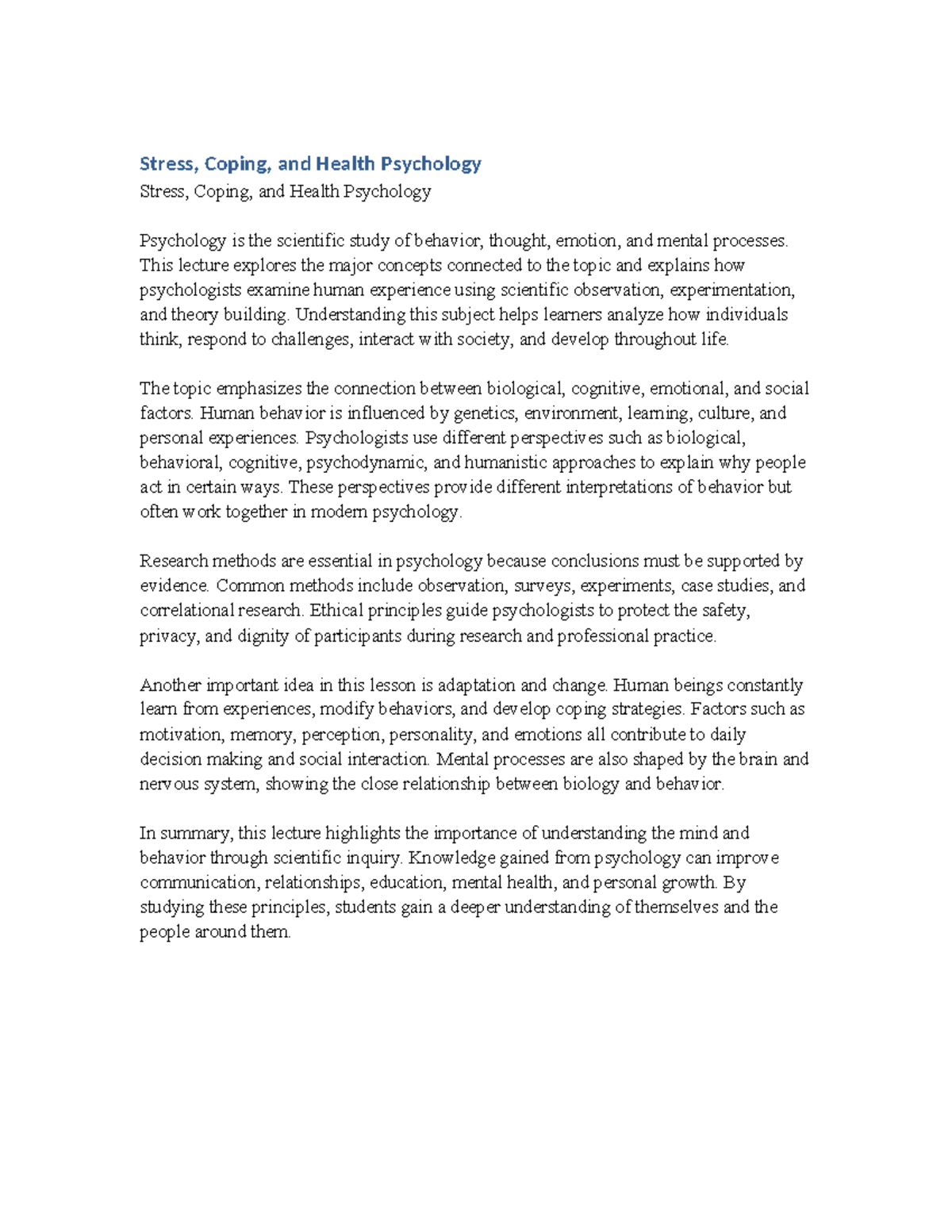 PSY 101 Lecture: Understanding Stress, Coping, and Health Psychology ...