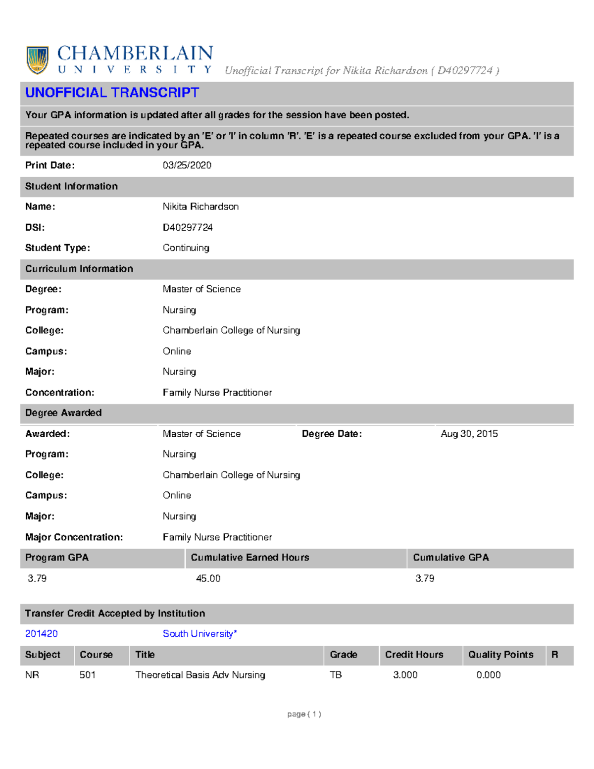 D40297724 Master of Science Unofficial Transcript - Nursing Program ...