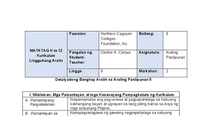 Revised MATATAG K to 12 Araling Panlipunan 5 Lesson Plan on Islam - Studocu
