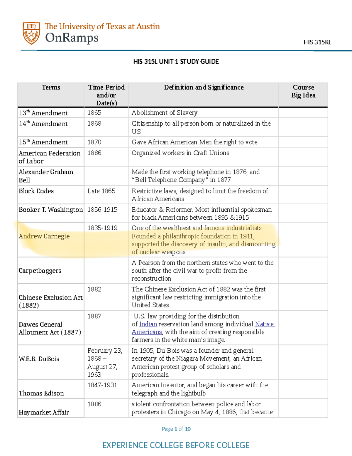 HIS 315L Unit 1 Study Guide Student 1 - HIS 315L UNIT 1 STUDY GUIDE ...