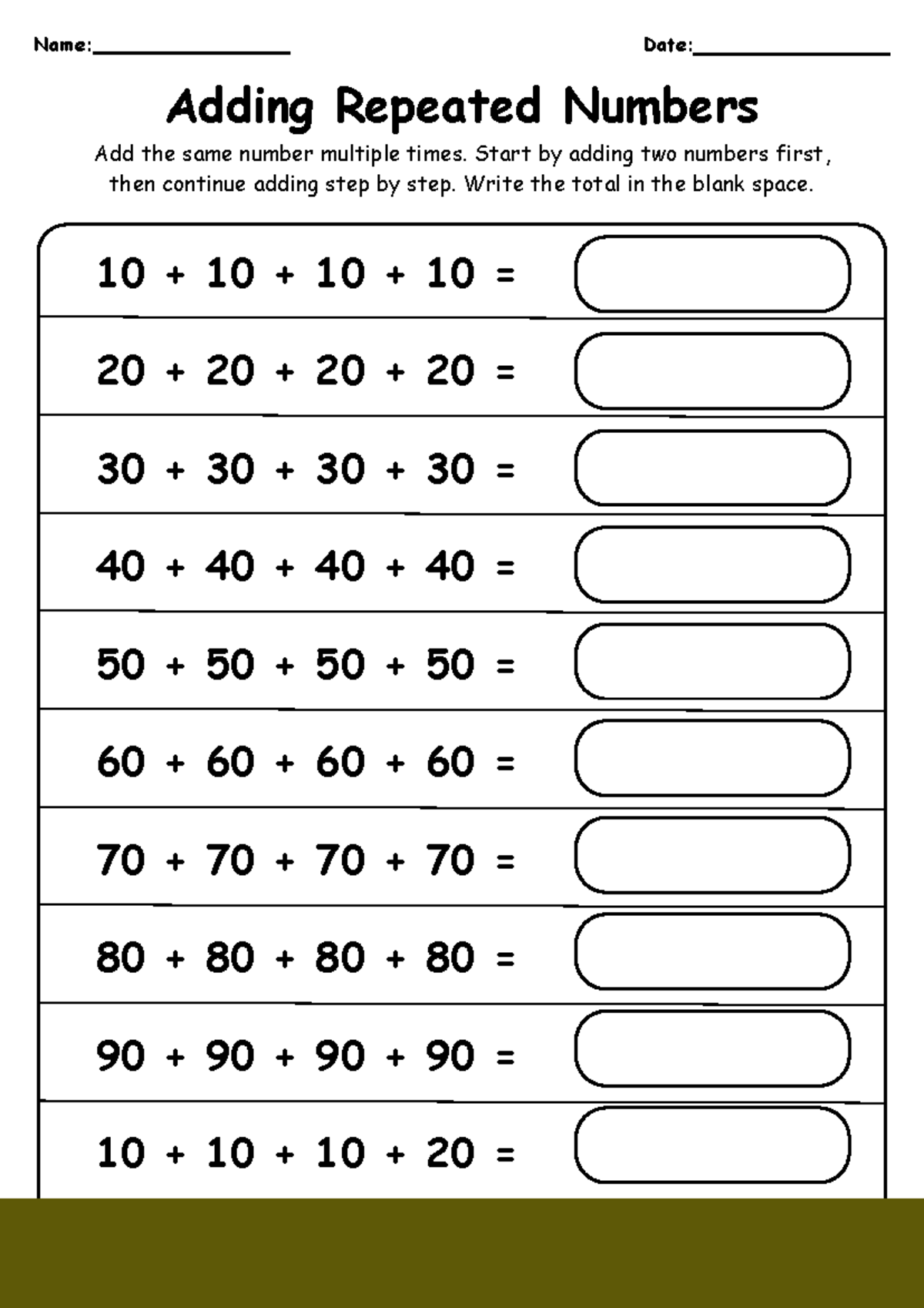 Adding Repeated Two-Digit Numbers - 2nd Grade Worksheet - Name: Date ...