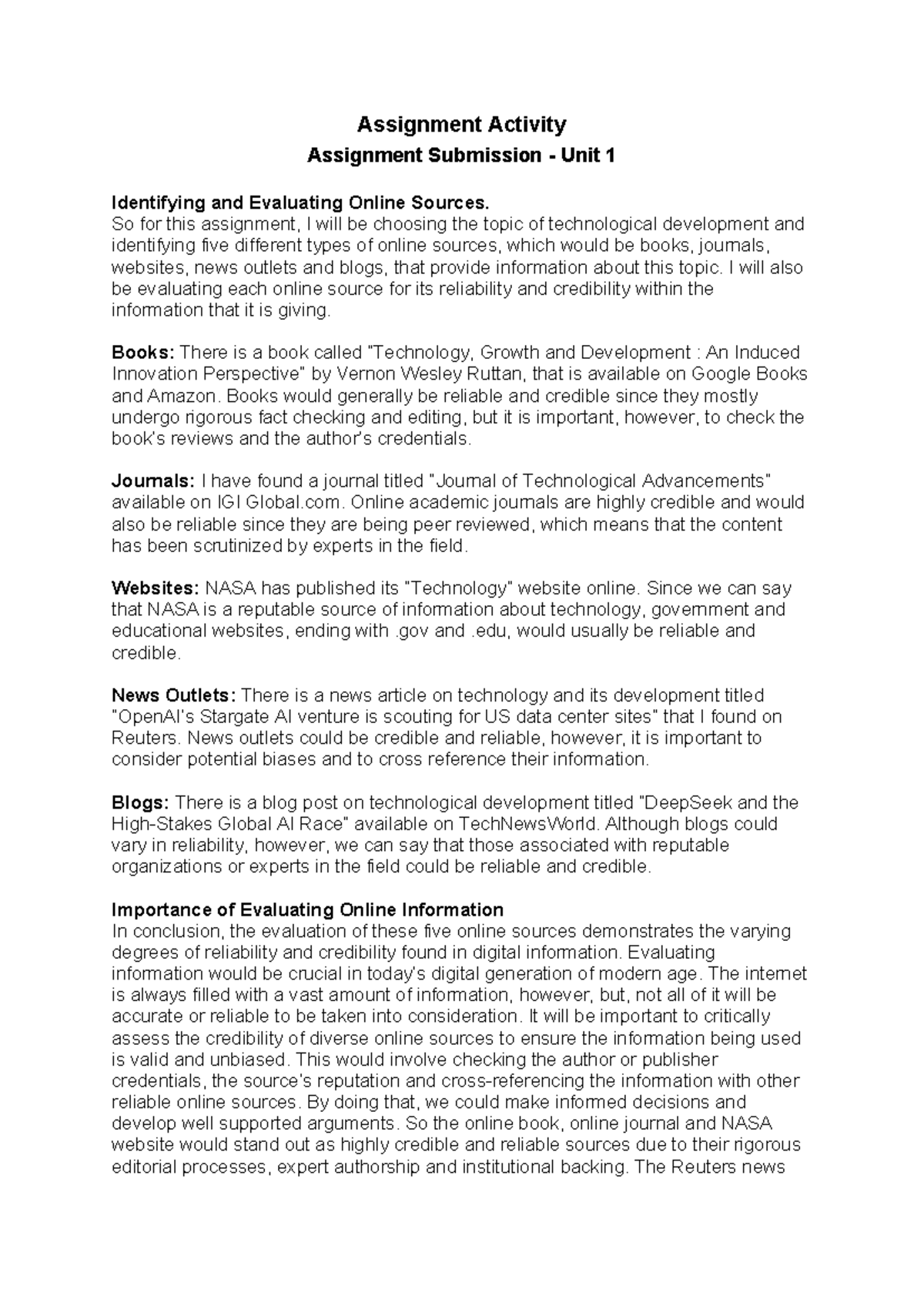 Assignment Activity - Unit 1 - Assignment Activity Assignment Submission - Unit 1 Identifying ...