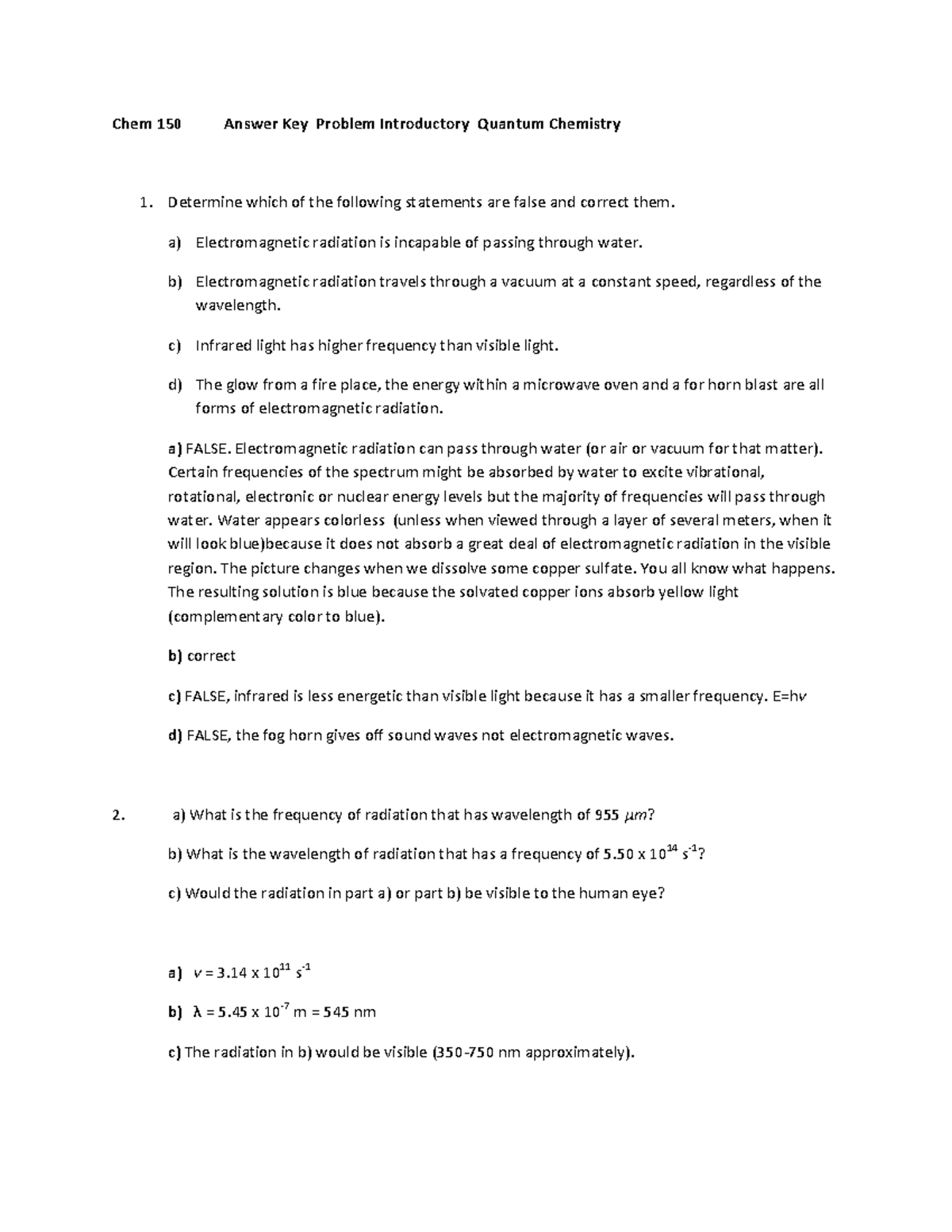 Answer Key: Problem Set 7 - Introductory Quantum Chemistry - Chem 150 ...