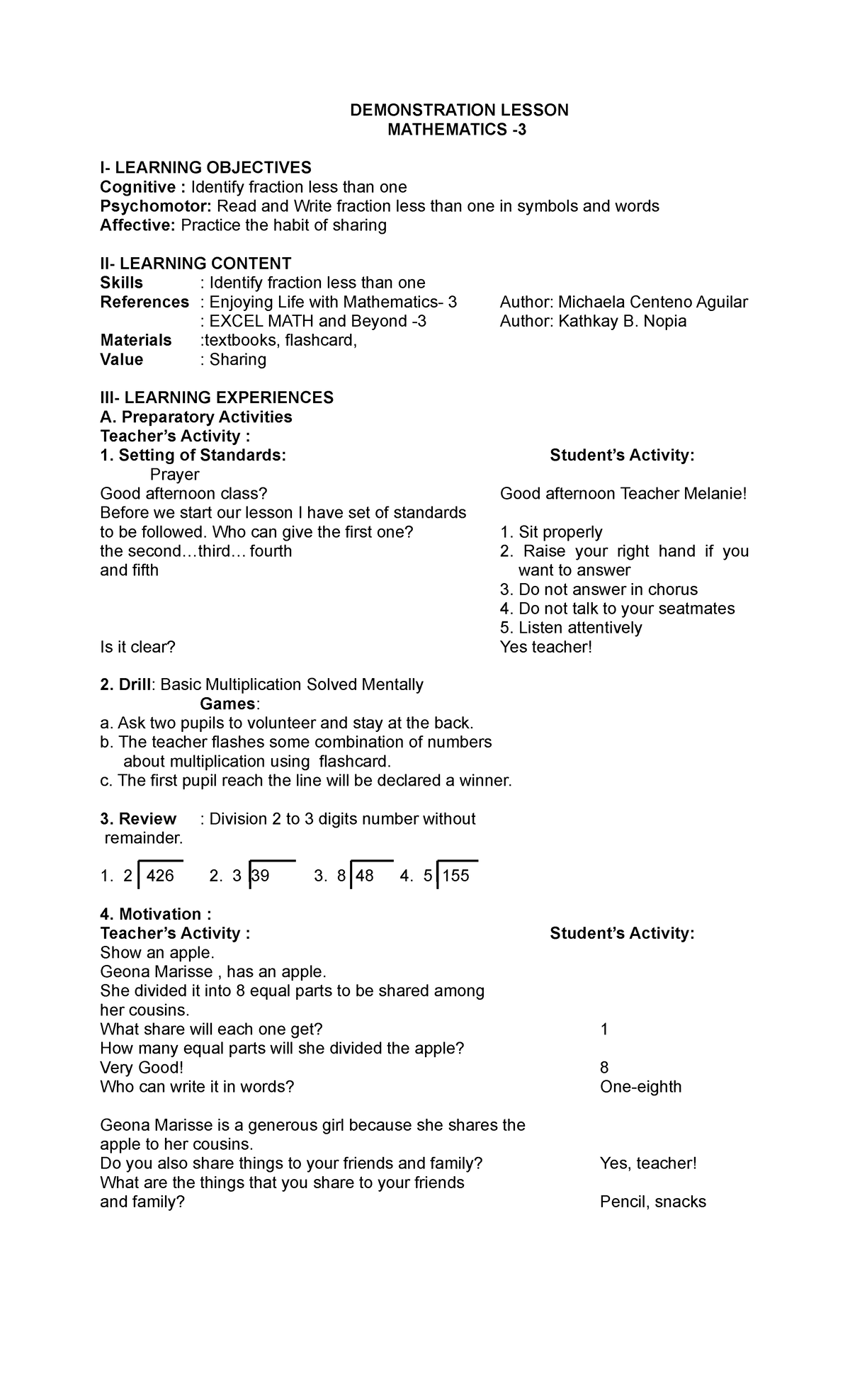 MATH-3 DEMONSTRATION LESSON PLAN ON FRACTIONS LESS THAN ONE - Studocu