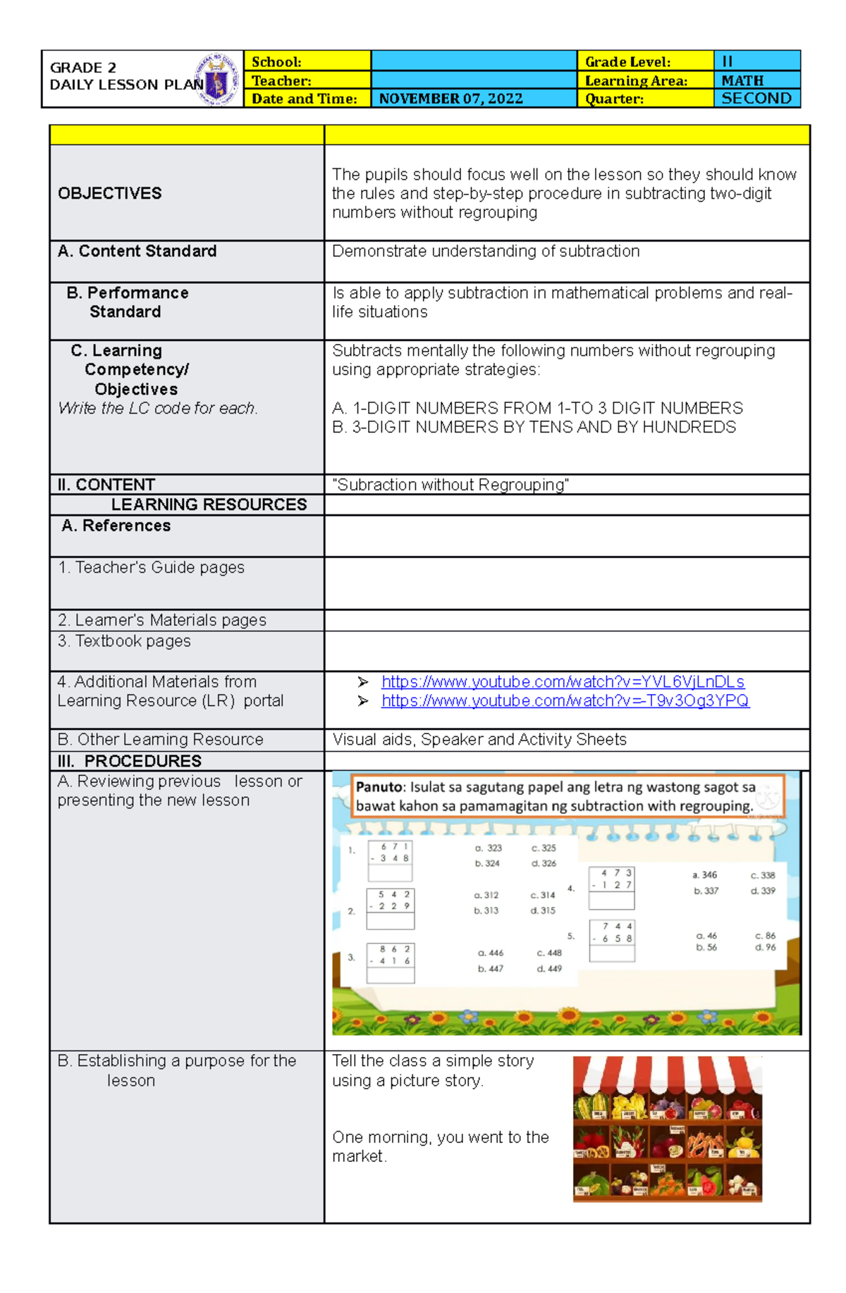Q2-W2-MATH Daily Lesson Plan for Subtraction Without Regrouping - Studocu