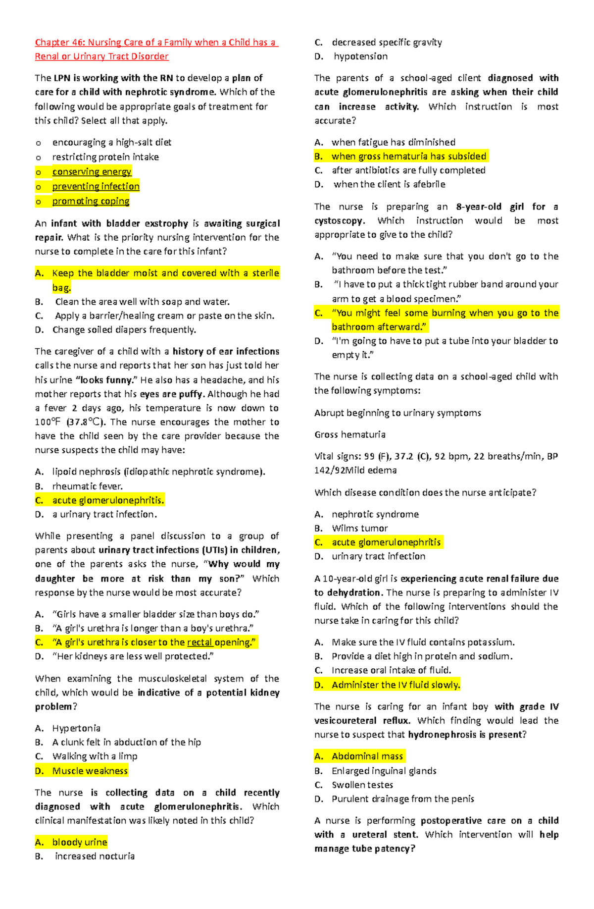 Chapter 46 - Nursing Care for Pediatric Renal Disorders - Studocu