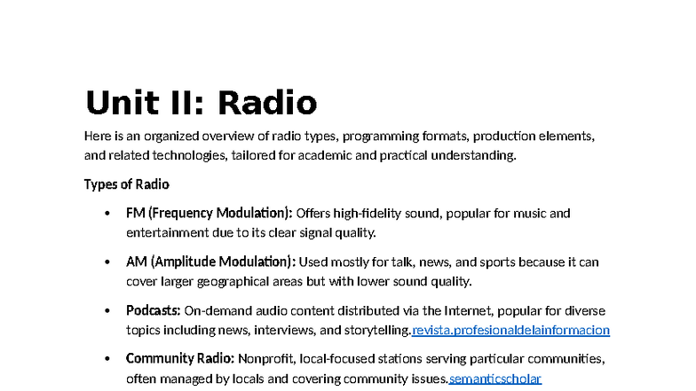 Unit II: Radio - Lecture Notes on Types, Formats, and Production - Studocu