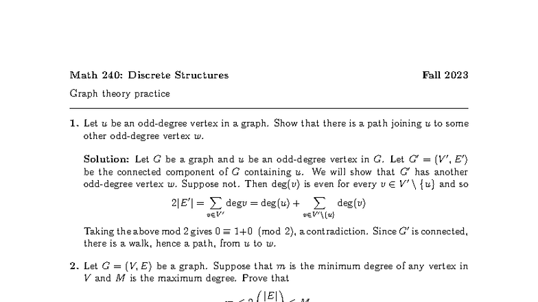 Math 240: Discrete Structures Fall 2023 Graph Theory Practice Problems ...