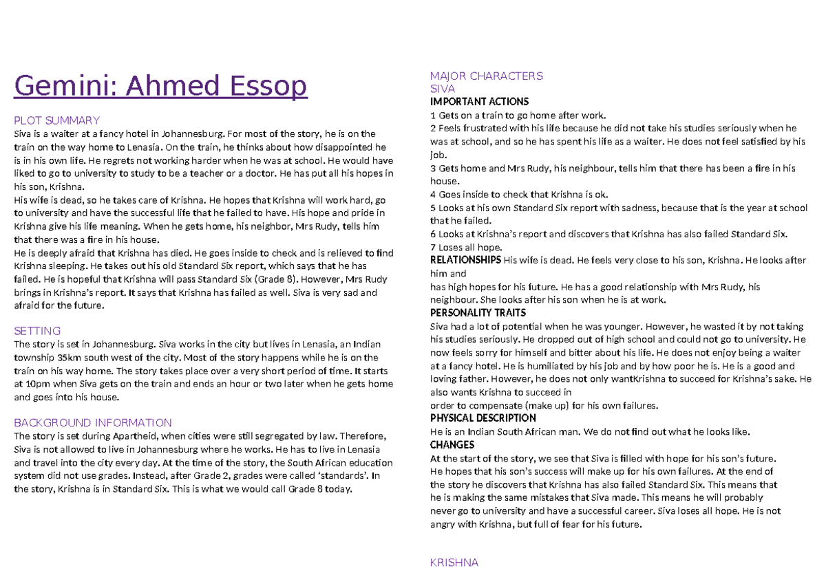 Short Stories: Analysis of "Gemini" & "The Gift of the Magi" - Studocu