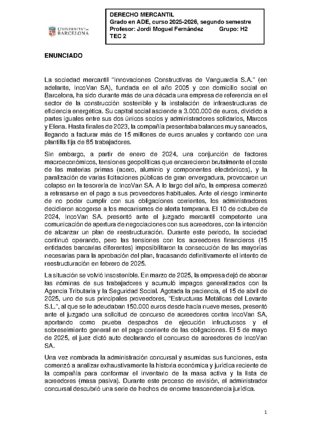 Análisis del Concurso de Acreedores de IncoVan SA - DERECHO MERCANTIL ...