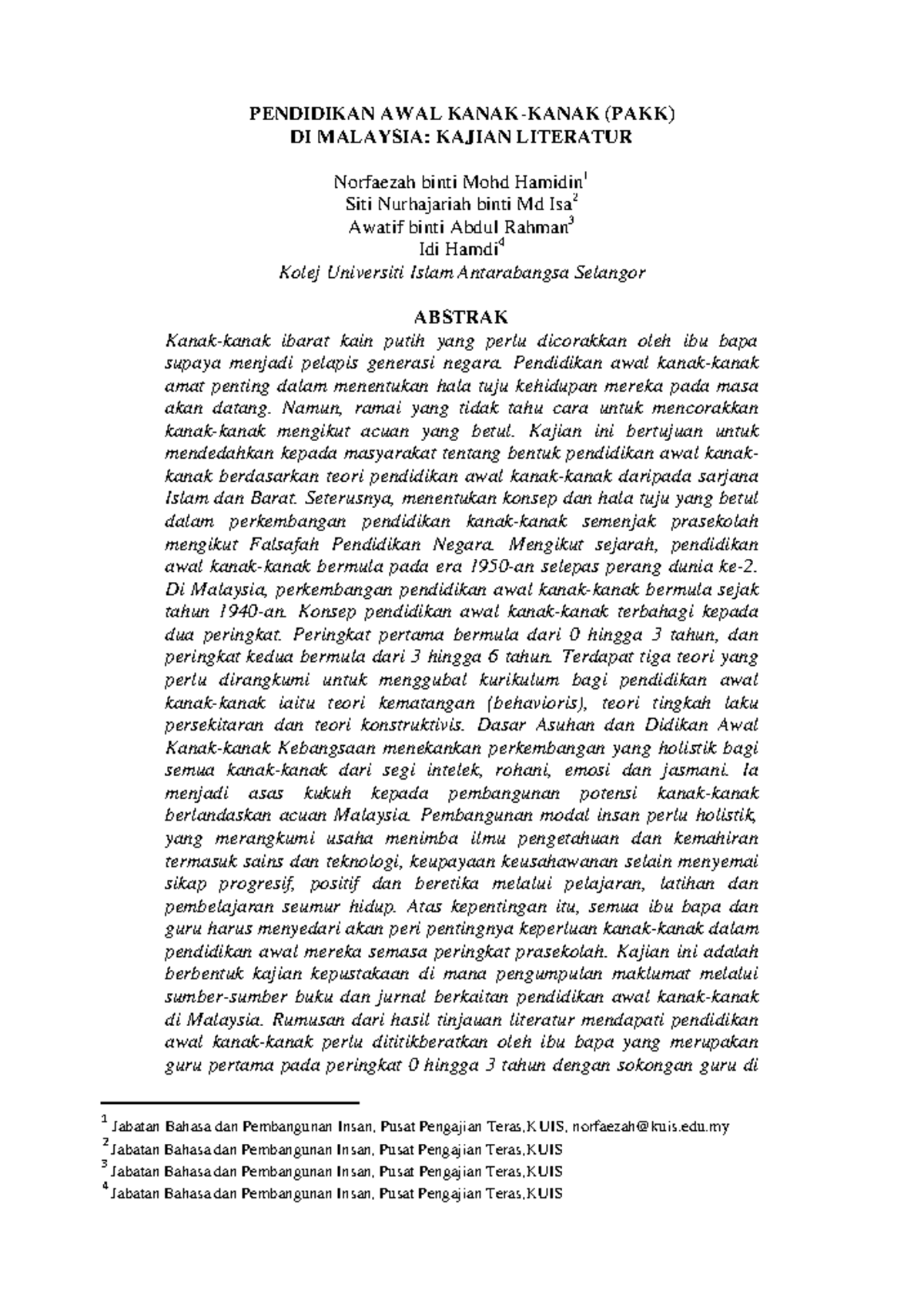 26-DR-KAJIAN LITERATUR PENDIDIKAN AWAL KANAK-KANAK DI MALAYSIA - Studocu