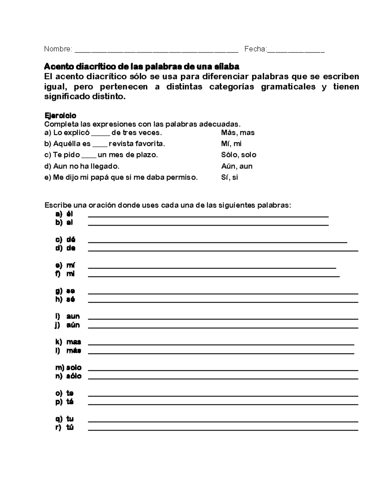 Acento Diacrítico: Ejercicios de Gramática en Español - Capítulo 11 ...