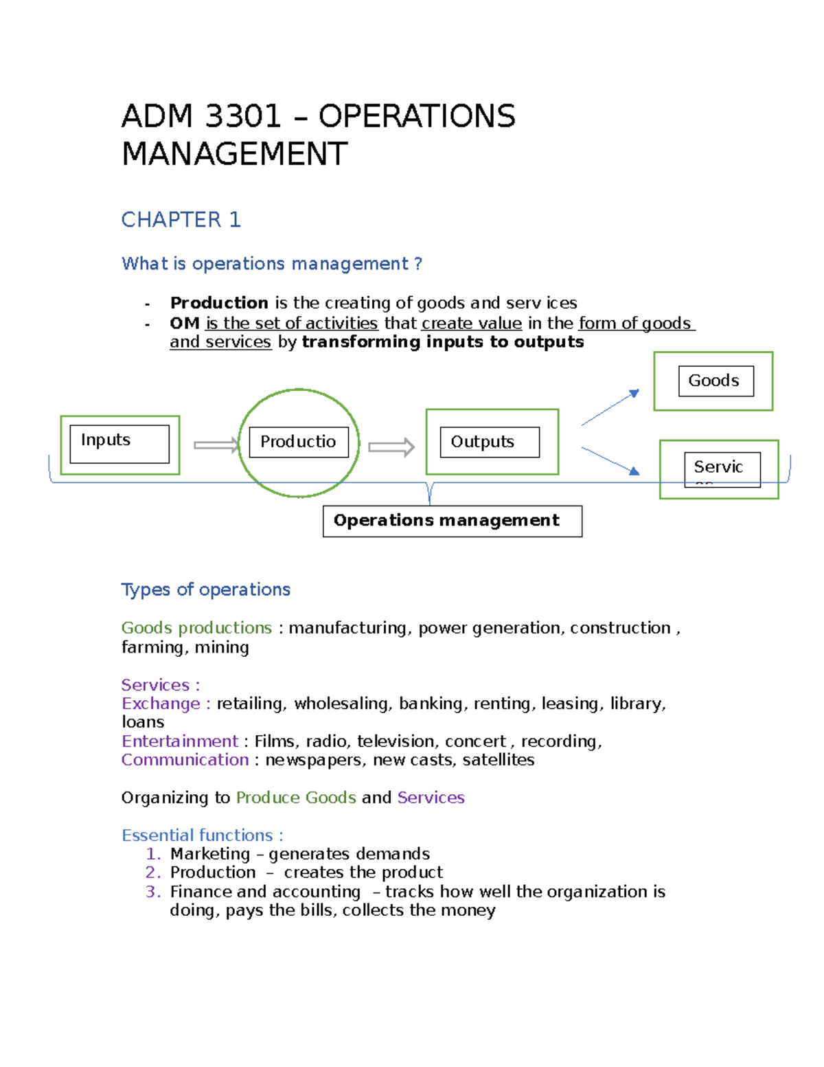 ADM 3301 - ADM 3301 – OPERATIONS MANAGEMENT CHAPTER 1 What is ...