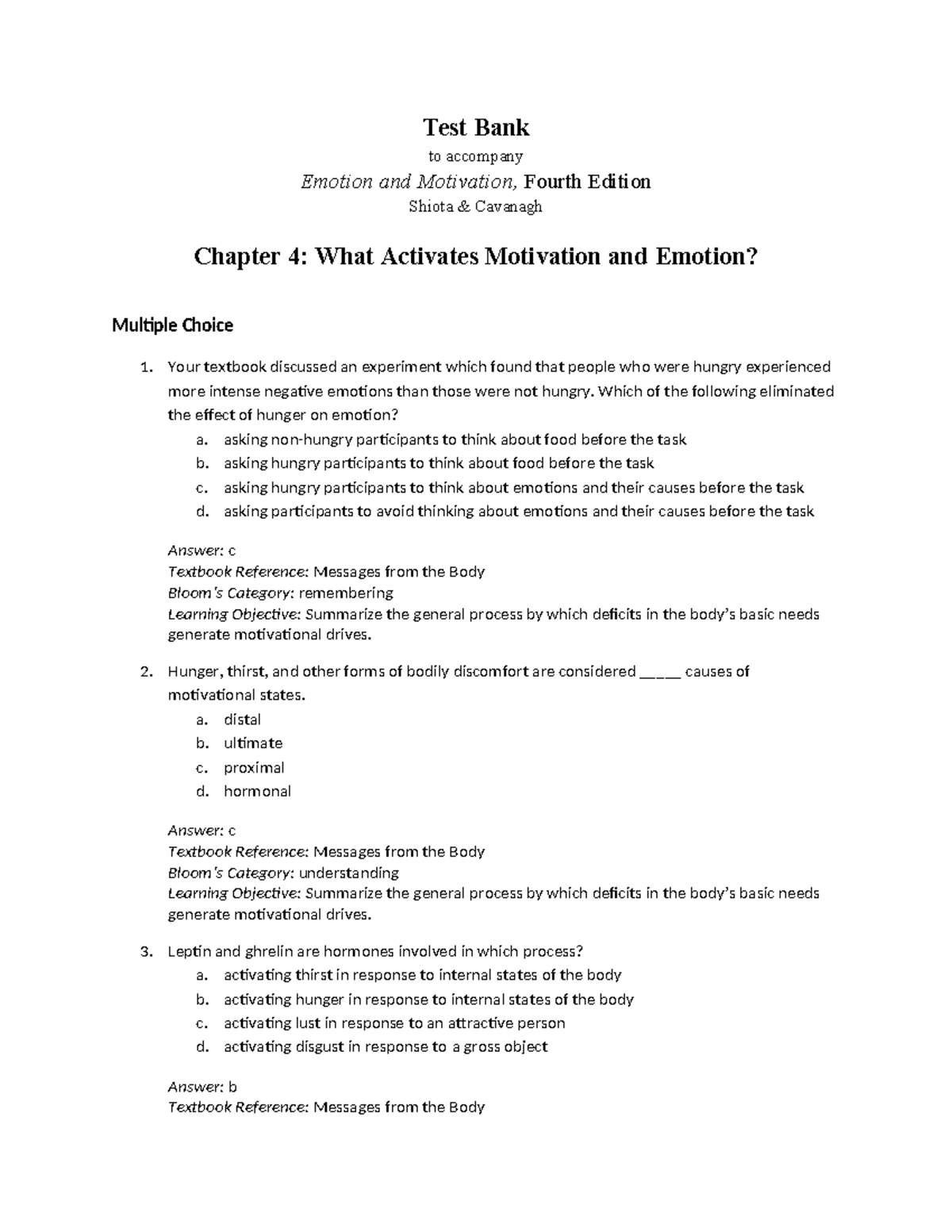 Test Bank for Emotion and Motivation (PSY 204) - Chapter 4 Insights ...