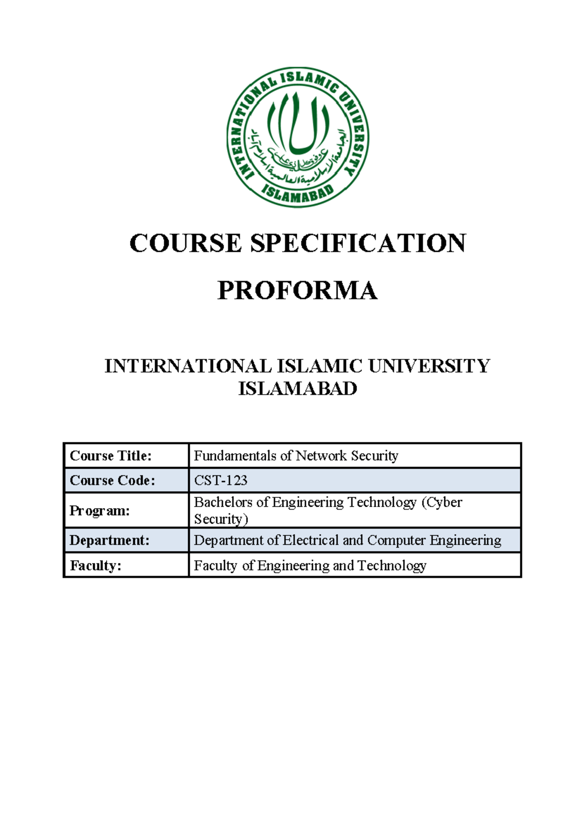 CST-123 - Course Specification for Fundamentals of Network Security ...