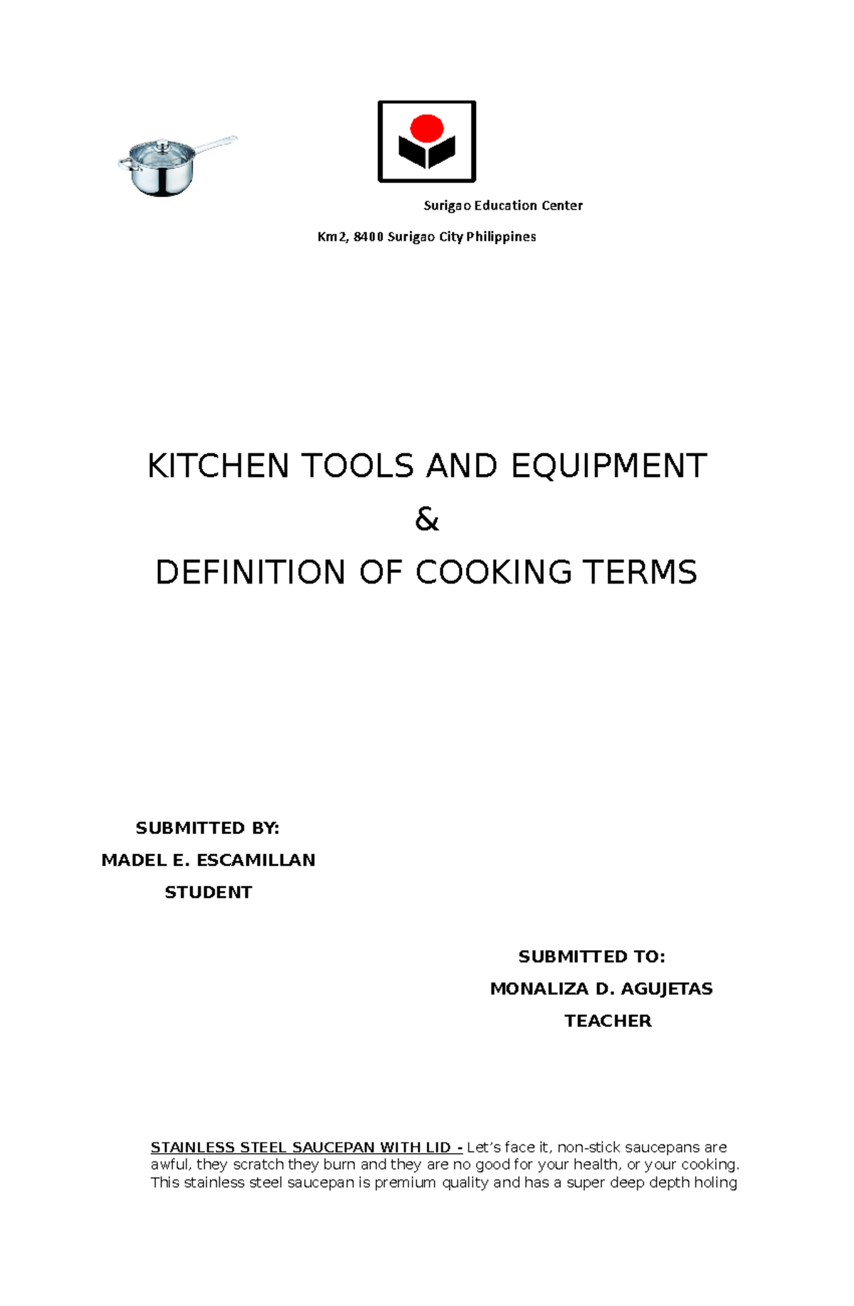 Kitchen and Tools Equipment, Definition of Cooking Terms - Surigao ...