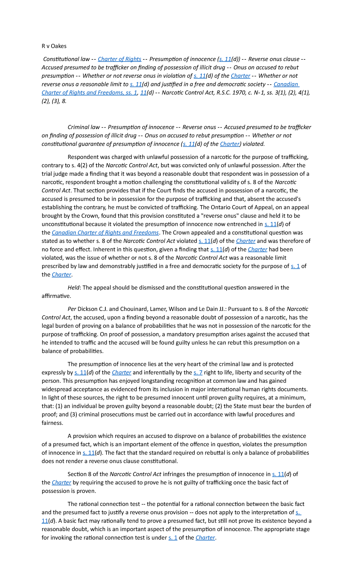 R v Ooakes - Notes on R v Oakes - R v Oakes Consituional law - Charter ...
