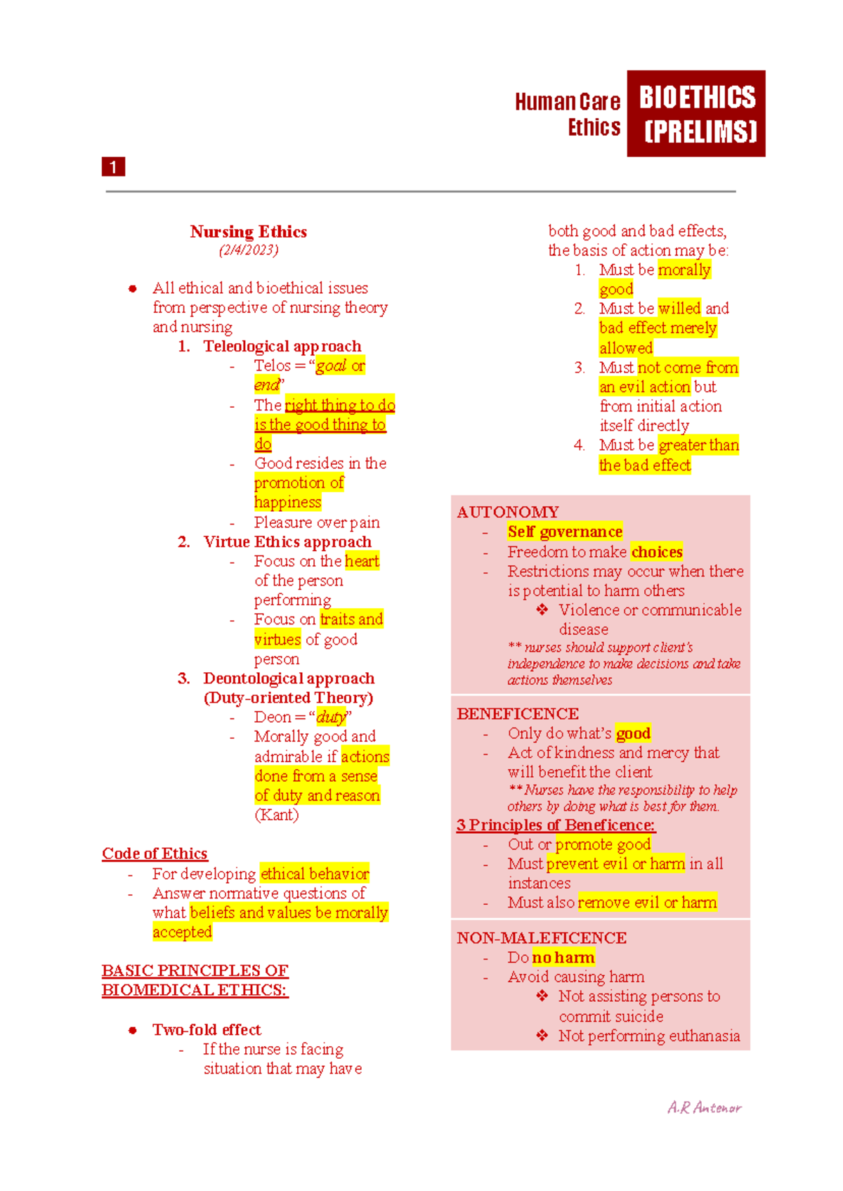 Bioethics Prelims Study Notes for 2nd Year Nursing Students - Studocu