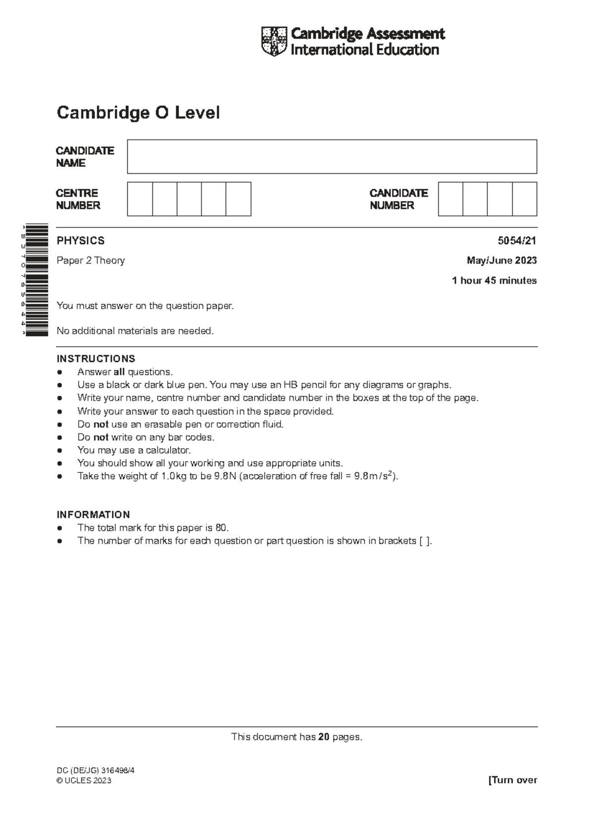 Cambridge O Level 5054/23 Physics 2023 Paper 2 Theory Exam - Studocu
