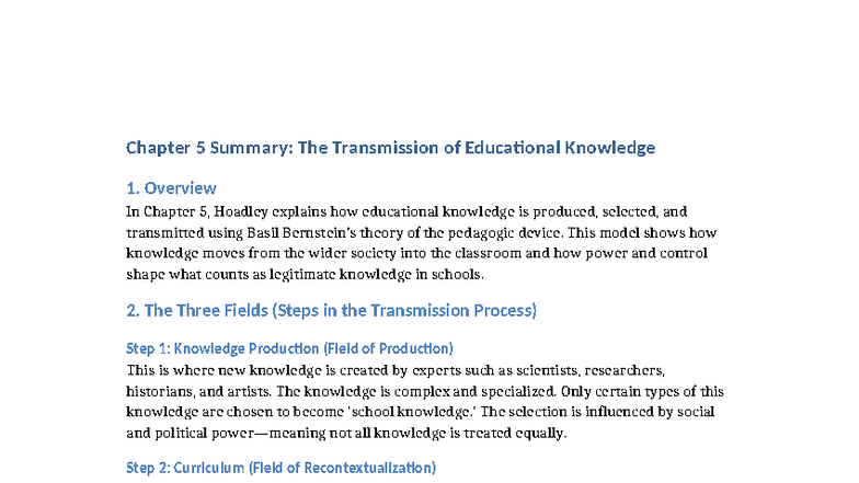 Chapter 5 Summary: Transmission of Educational Knowledge Insights - Studocu