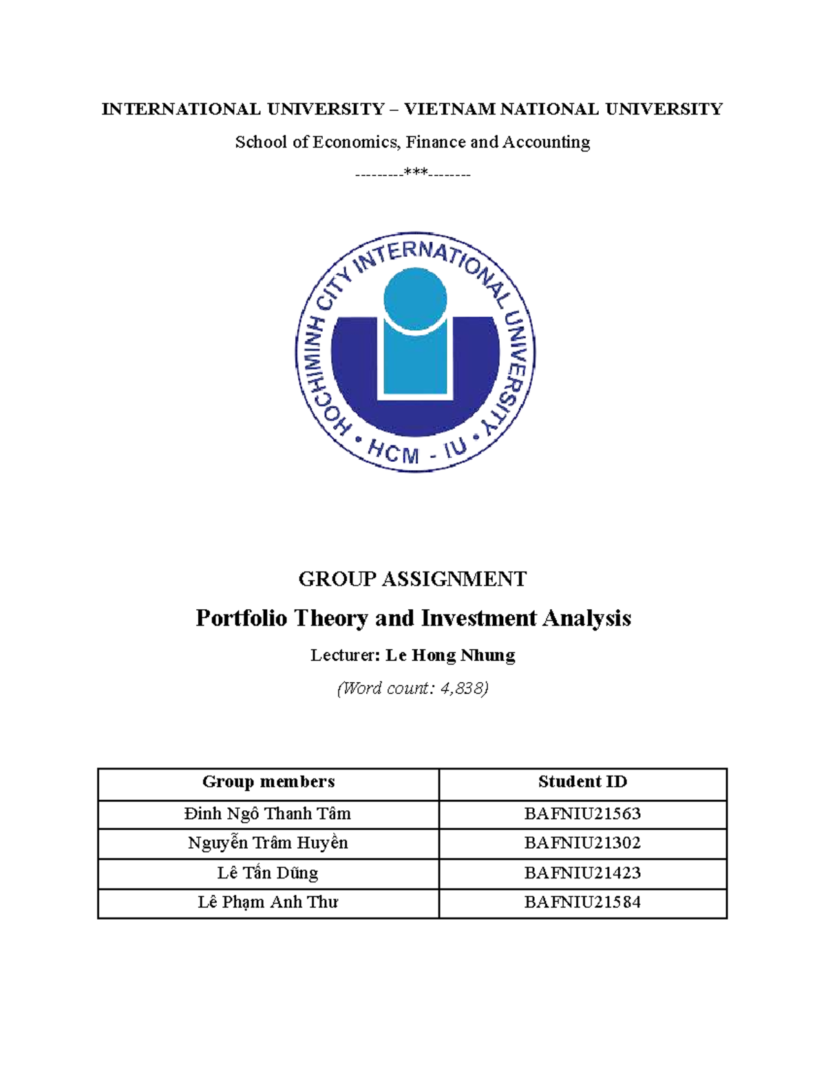 Portfolio Theory & Investment Analysis Group Assignment - BAFNIU21563 ...