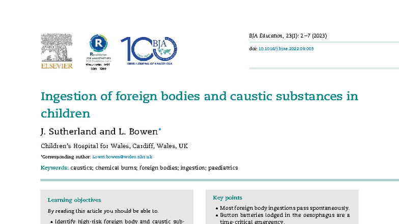 Ingestion of Foreign Bodies and Caustic Substances in Children: BJA ...