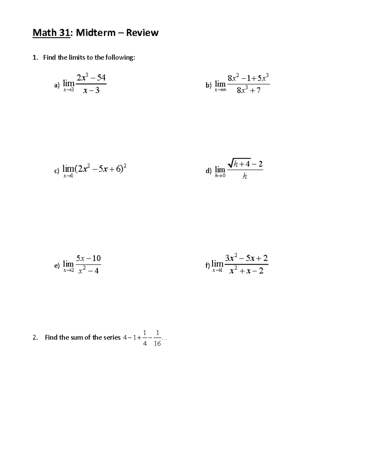 Math 31 Midterm Review: Limits, Derivatives, and Functions - Studocu