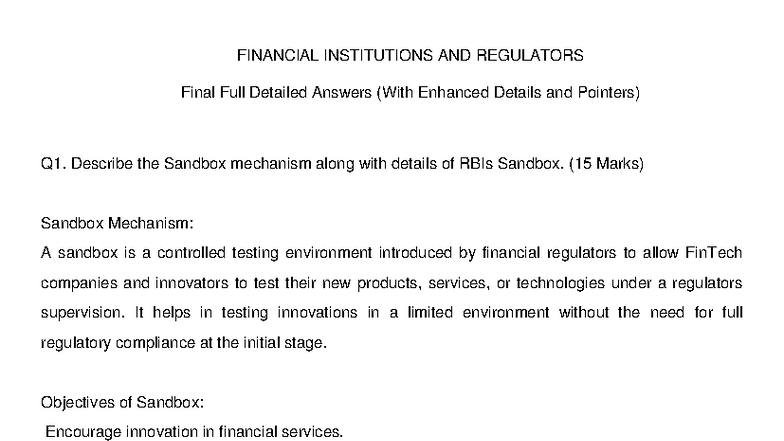 FINANCIAL INSTITUTIONS AND REGULATORS Final Detailed Answers on Sandbox ...