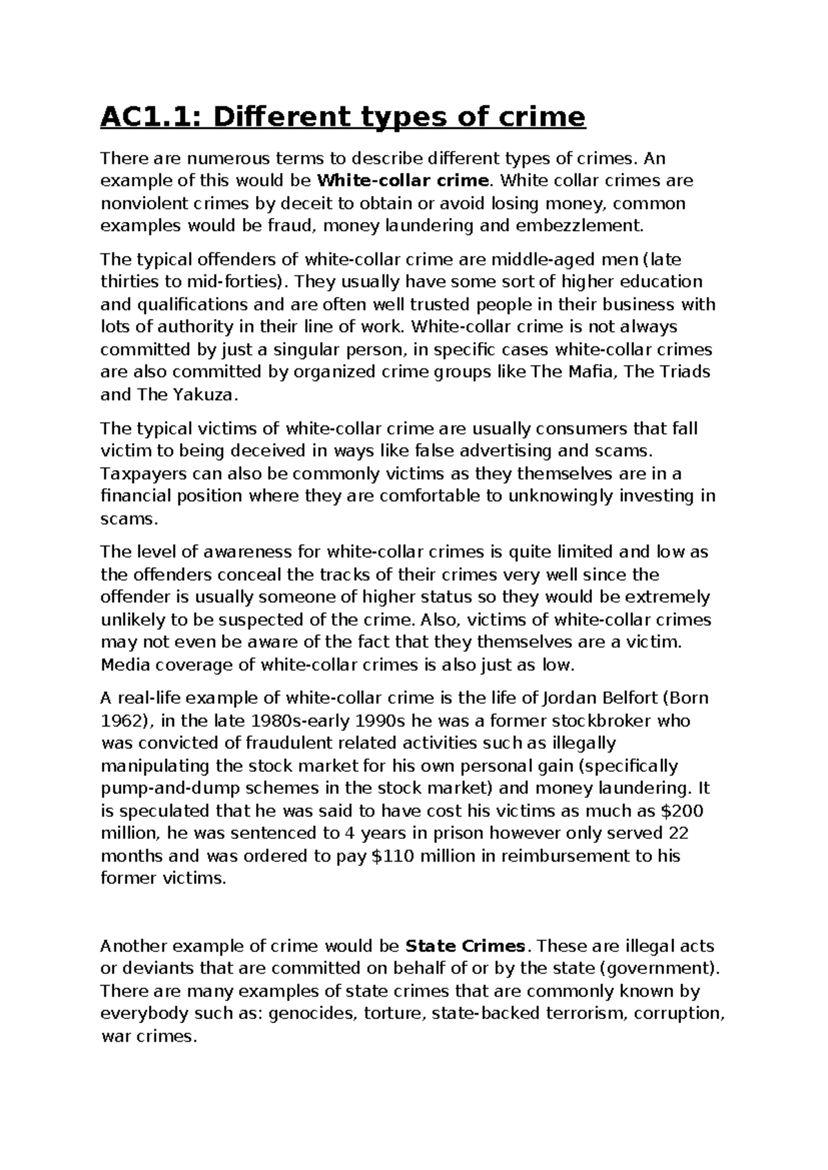 Crim Unit 1 AC1.1: Overview of Different Types of Crime - Studocu