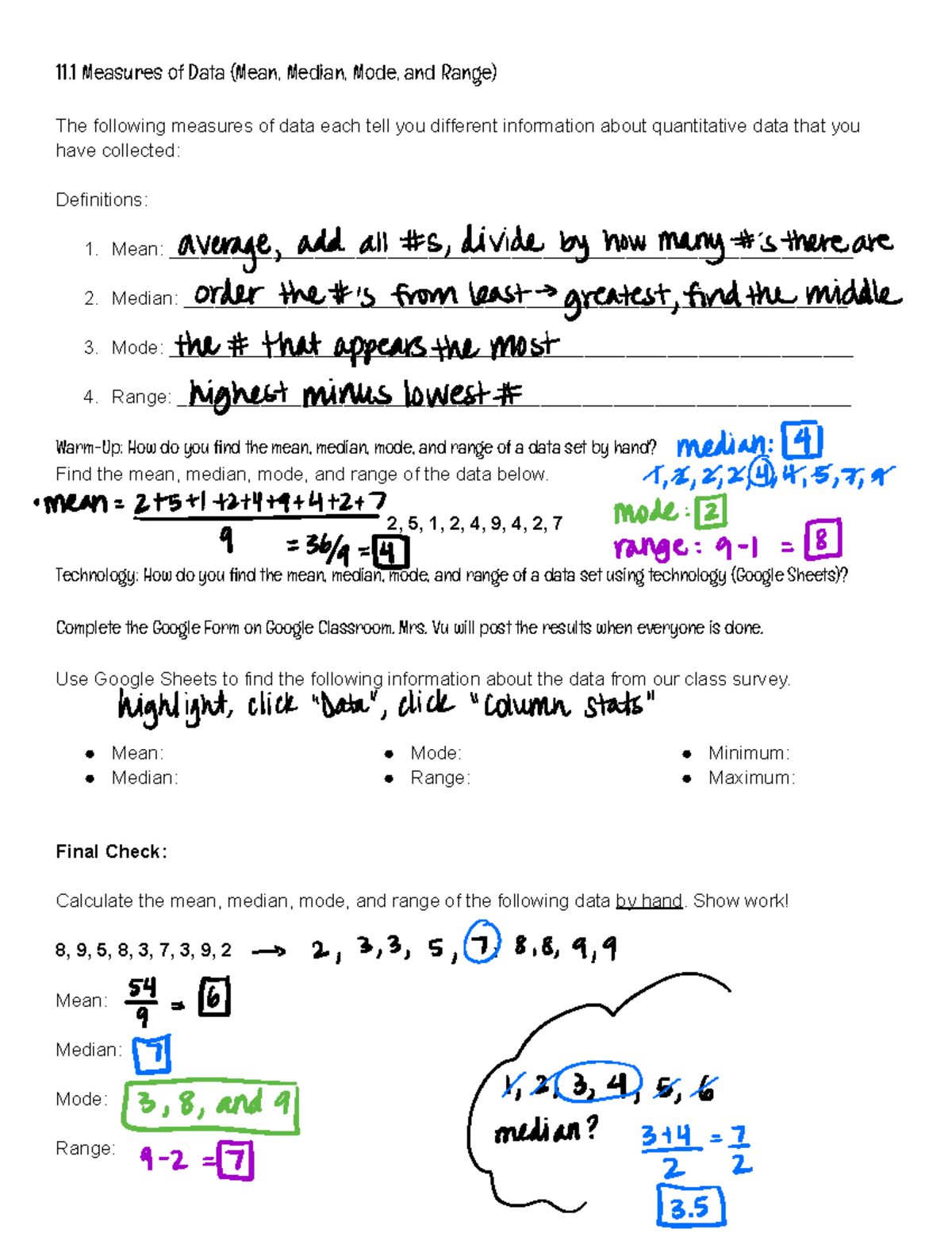 11.1 Measures of Data: Mean, Median, Mode, and Range Notes - Studocu