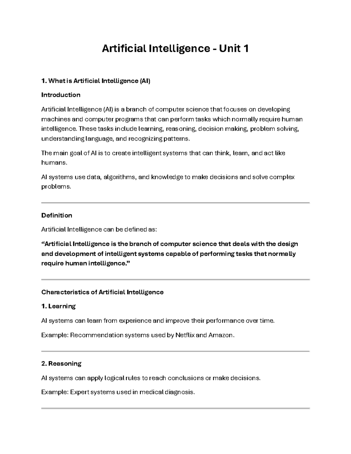 AI Unit 1: Introduction to Artificial Intelligence Concepts and ...