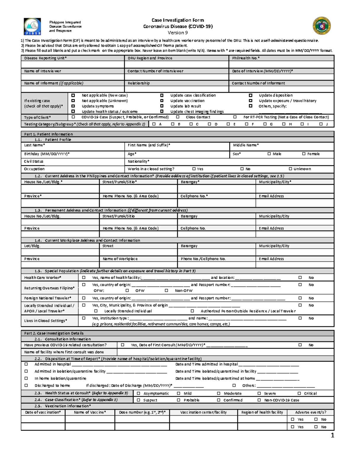 CIF for COVID-19 Case Investigation Form - Version 9 (fillable) - Studocu