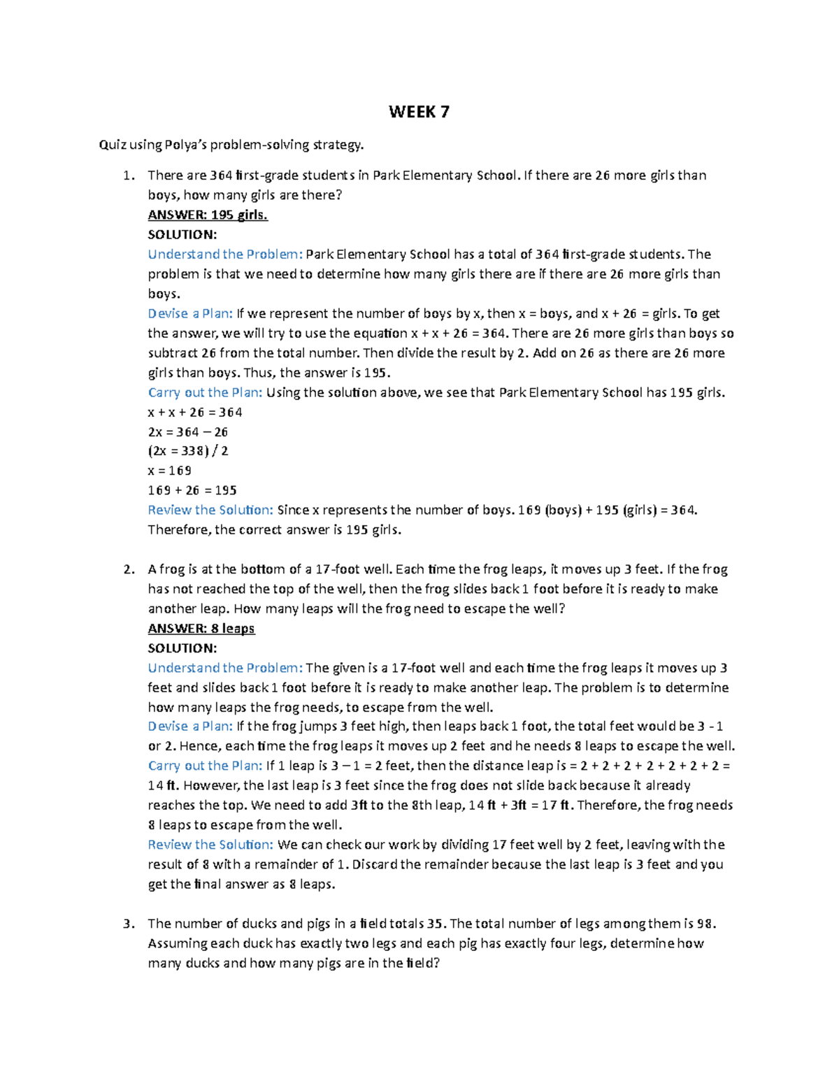 WEEK 7 Quiz: Polya’s Problem-Solving Strategy Practice - Studocu