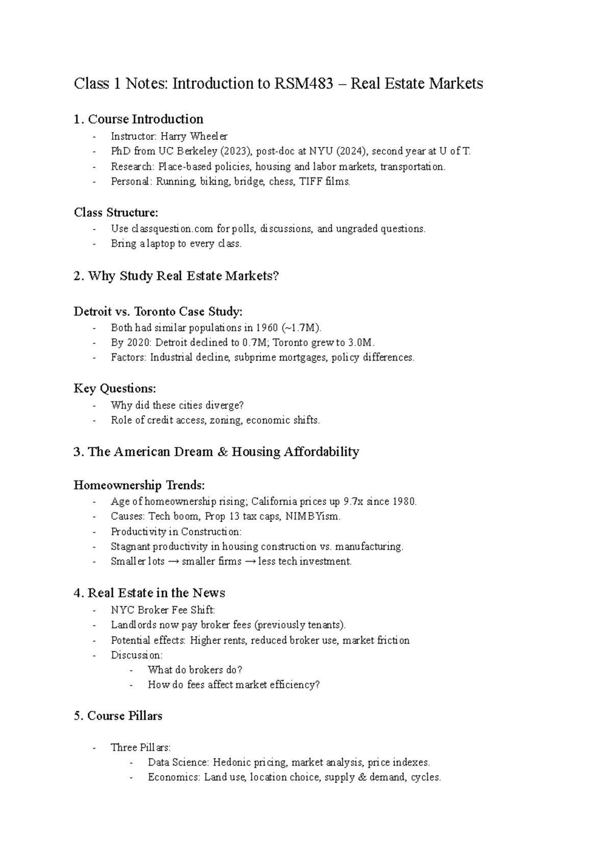RSM483 Class 1 Lecture Notes: Introduction to Real Estate Markets - Studocu