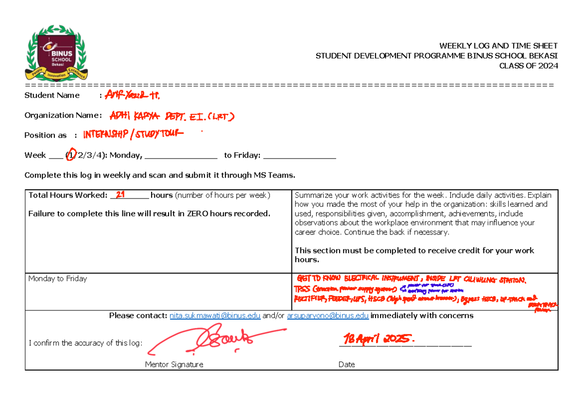 WEEKLY LOG & TIME SHEET: STUDENT DEV. PROGRAM BINUS 2024 - Studocu