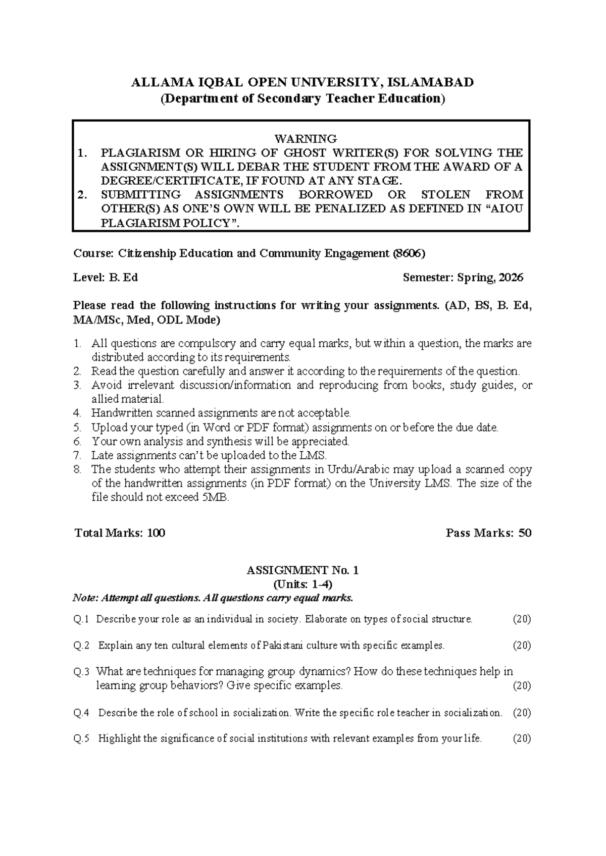 B. Ed Spring 2026 Assignment 1: Citizenship Education (8606) Guidelines ...