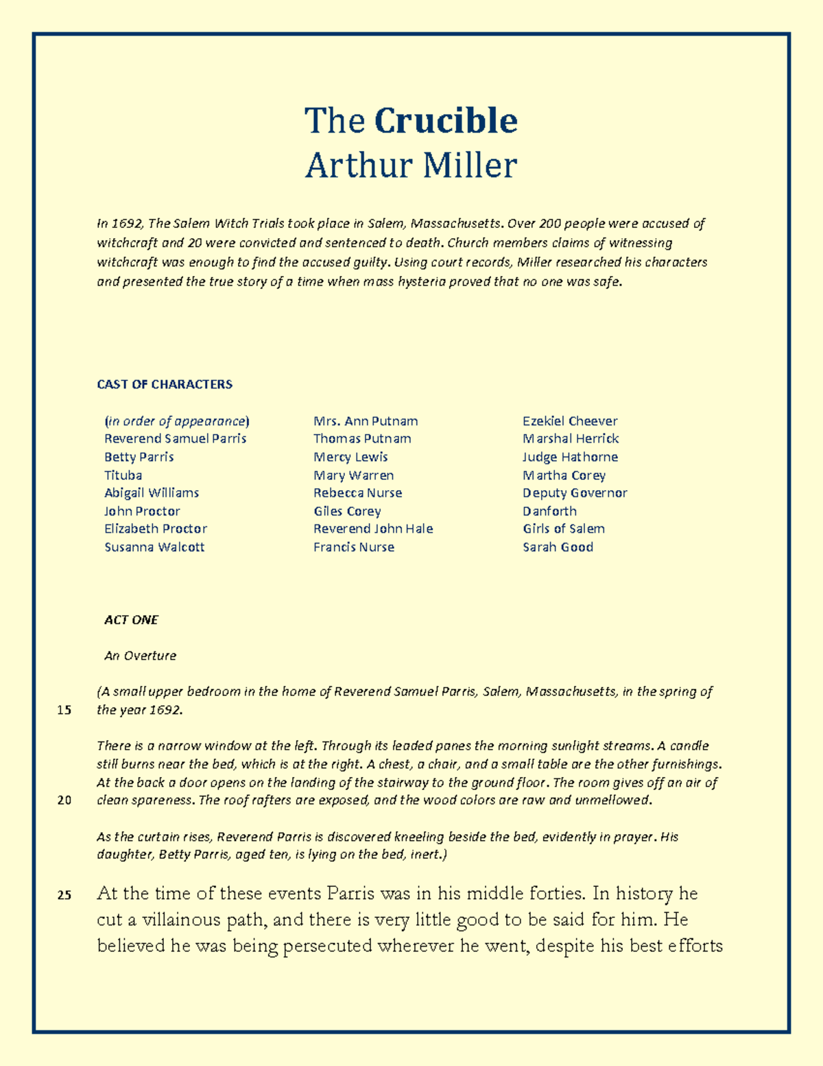The Crucible Act I - Summary Education - The Crucible Arthur Miller In ...