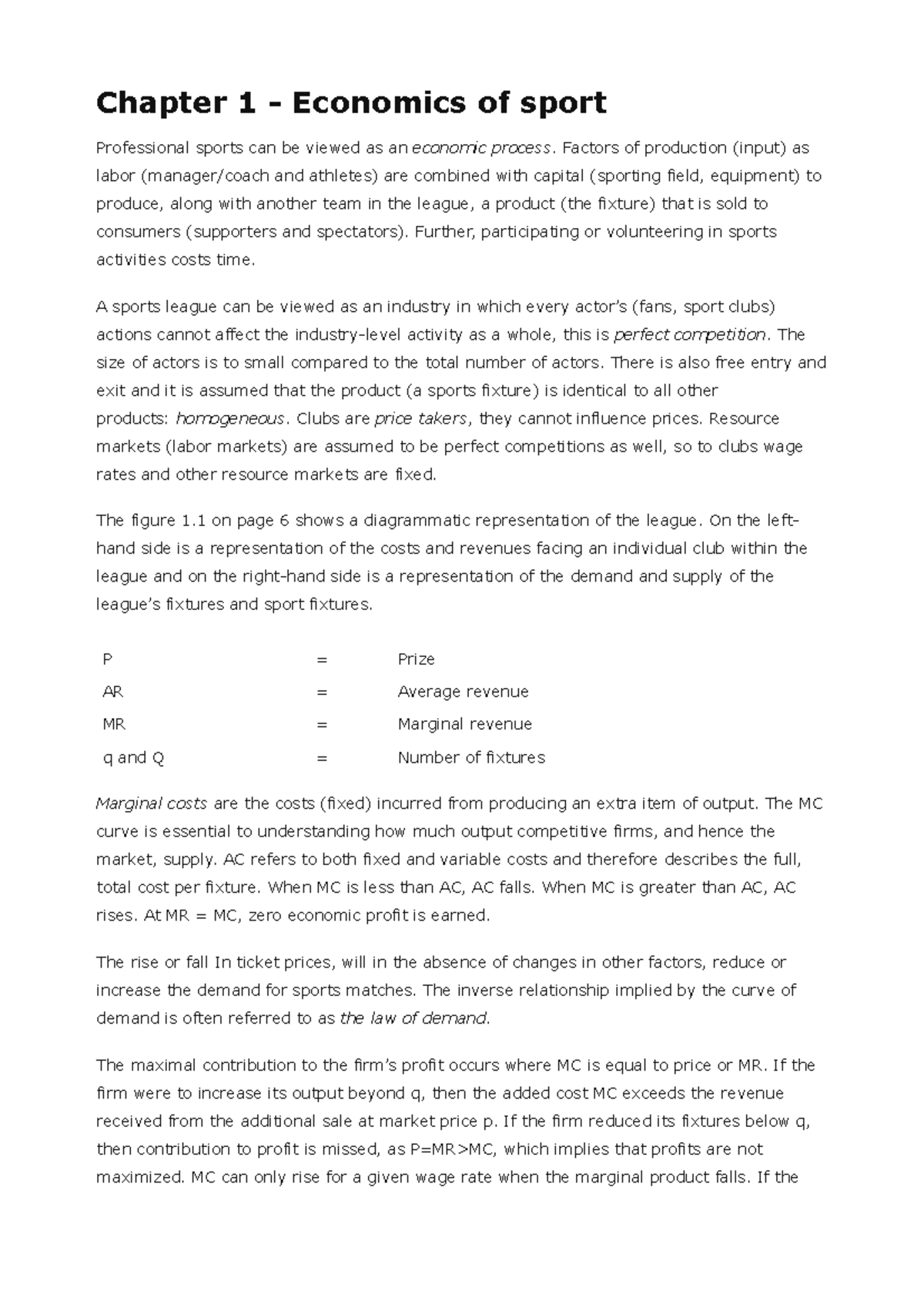 Summary 1 - Samenvatting Sports Economics: An Analysis of Economic ...