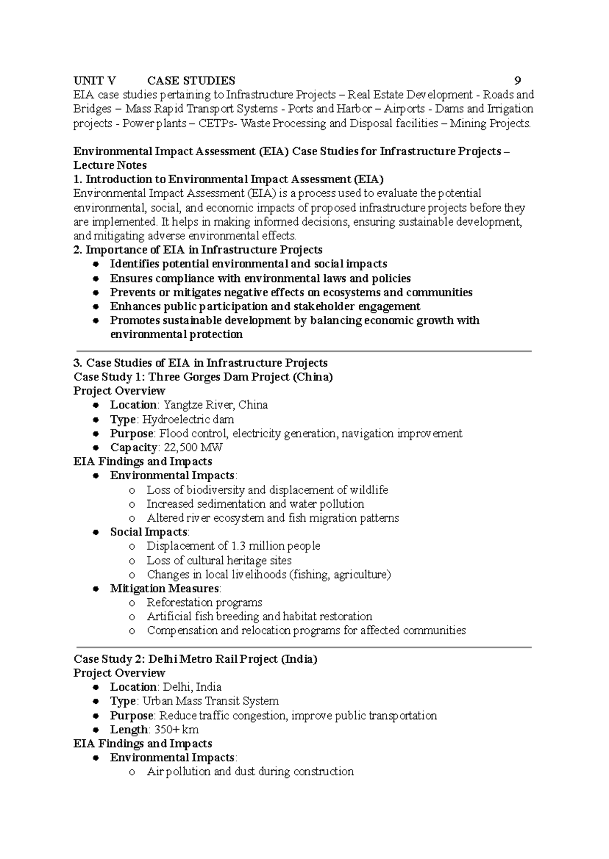 UNIT V CASE STUDIES: EIA & Infrastructure Projects Lecture Notes - Studocu